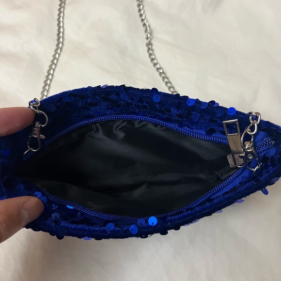 Bags | Silver And Blue Sequence Handbag With Chain | Poshmark